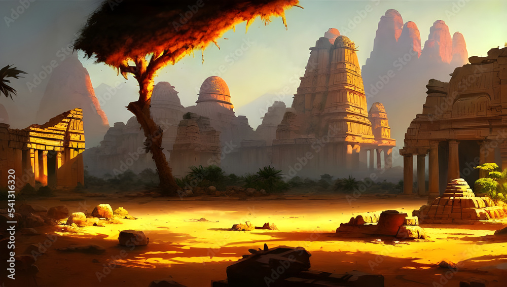 ancient temple ruins in the desert with palm trees - painted ...