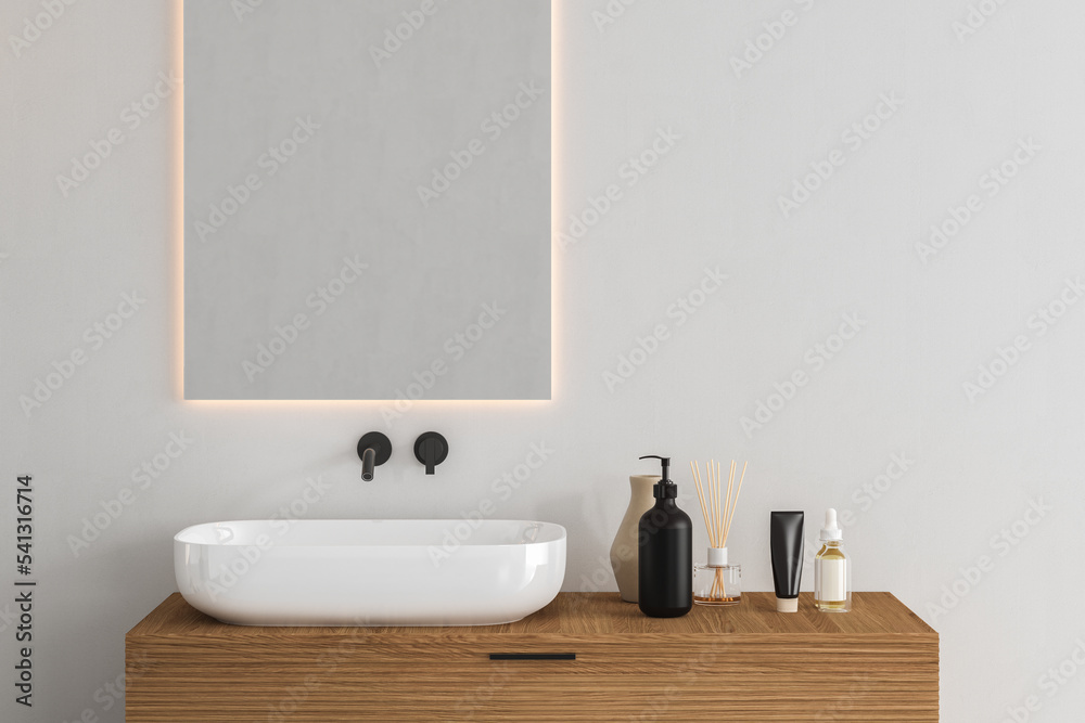 3D render an wooden vanity counter with whiteceramic washbasin and ...