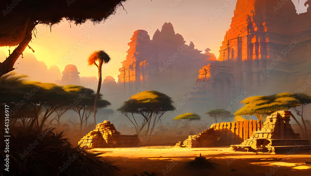 ancient temple in the desert with palm trees - painted illustration ...