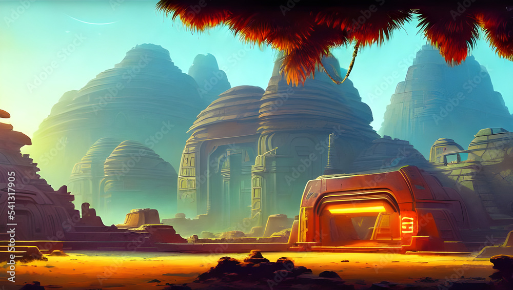 ancient science fiction temple ruins on an alien planet in the desert ...
