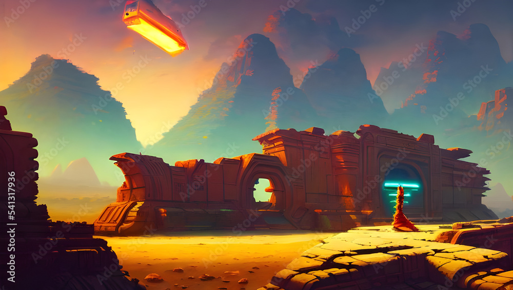 ancient science fiction temple ruins on an alien planet in the desert ...