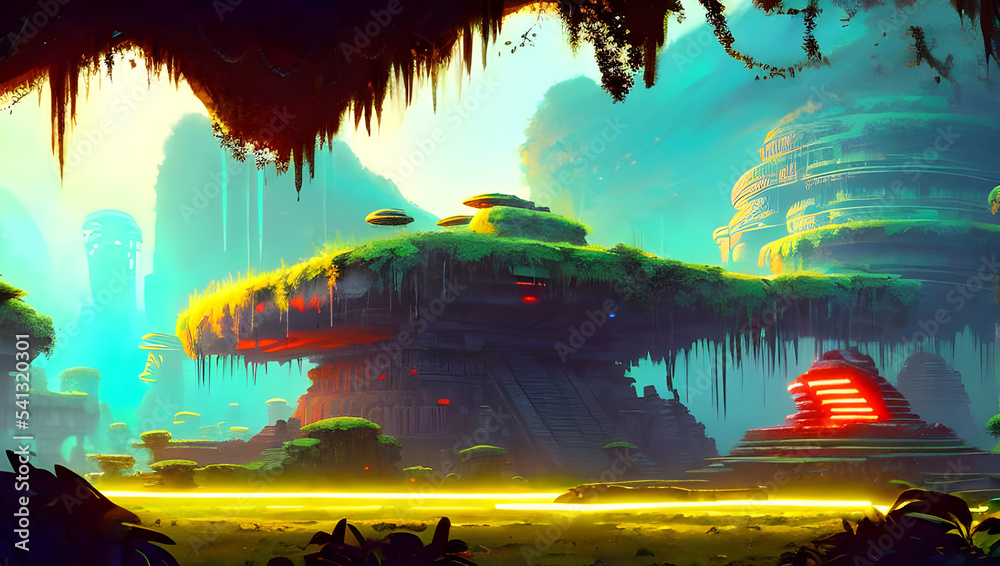 ancient science fiction temple ruins on a tropical alien planet in the ...
