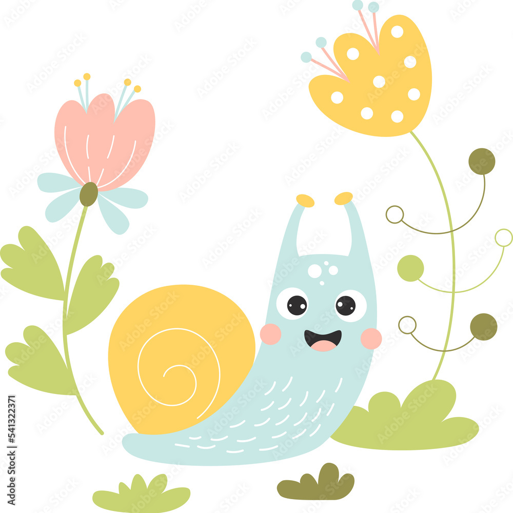 Cute snail in flowers Stock Illustration | Adobe Stock