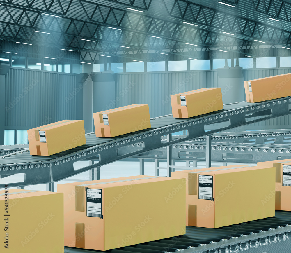 Delivery service boxes. Conveyor inside warehouse. Automated warehouse ...