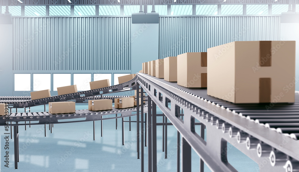 Warehouse courier service. Conveyor with boxes without anyone ...