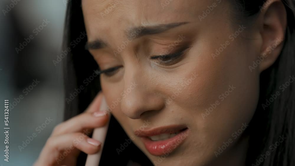 Frustrated lady crying mobile at room closeup. Stressed woman feeling ...