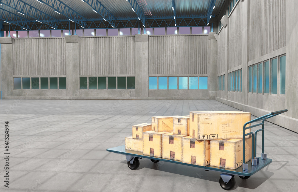 Storage hangar. Old boxes on cargo trolley. Warehouse cart inside empty ...
