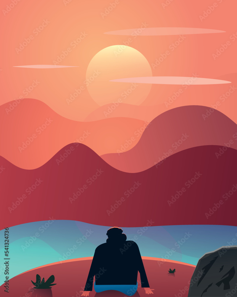 men sitting watching sunset illustration - man 2d flat illustration ...
