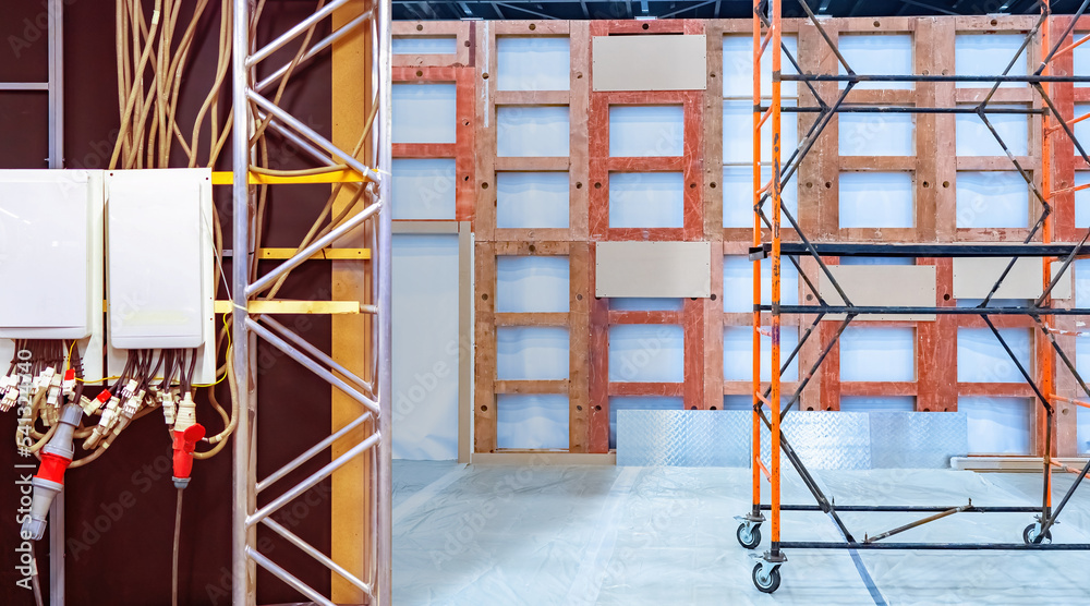 Temporary walls with electrical equipment. Preparing for exhibition ...