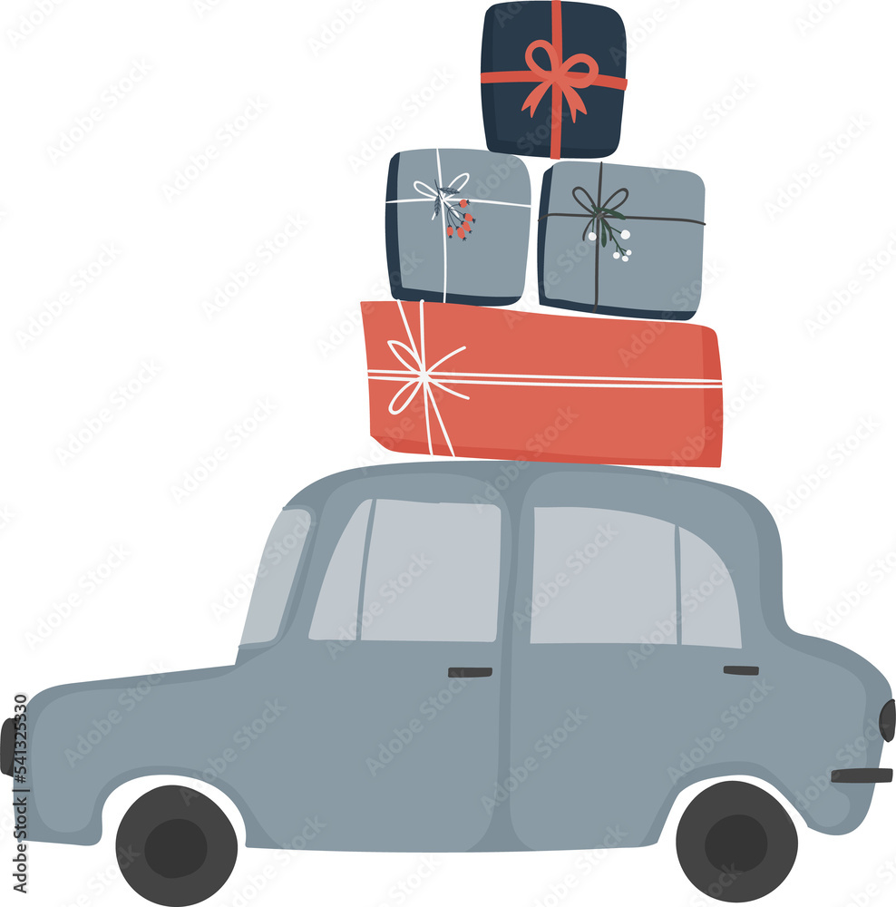 Blue cute retro car with stack of Christmas presents and gift boxes ...