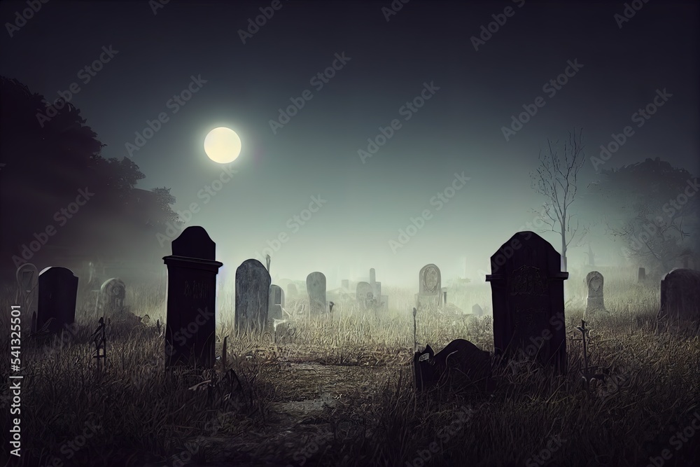 Gloomy night cemetery, stone monuments. Graveyard at night. Sky with ...