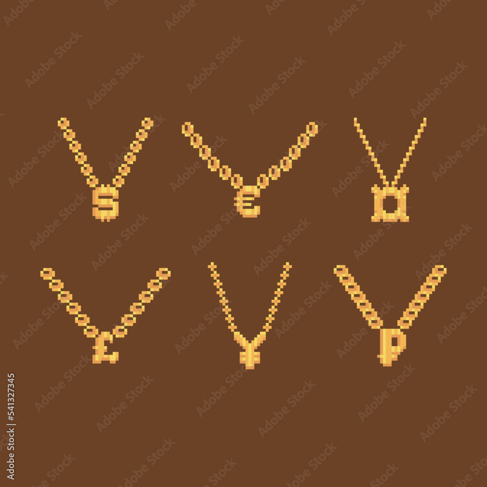 Pixel art golden chain accessories set. Dollar, euro, pound, ruble, yen ...