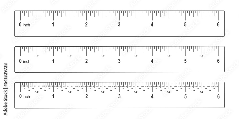 Set of 6 inches rulers with markup, numbers and fractions. Math or ...