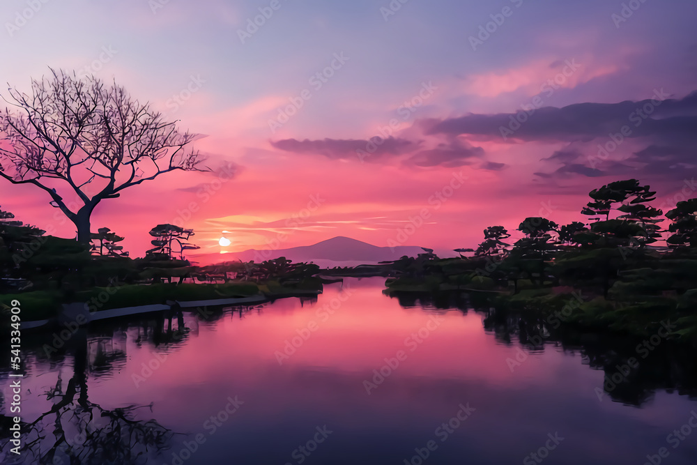 Sunset in a japanese park Stock Illustration | Adobe Stock