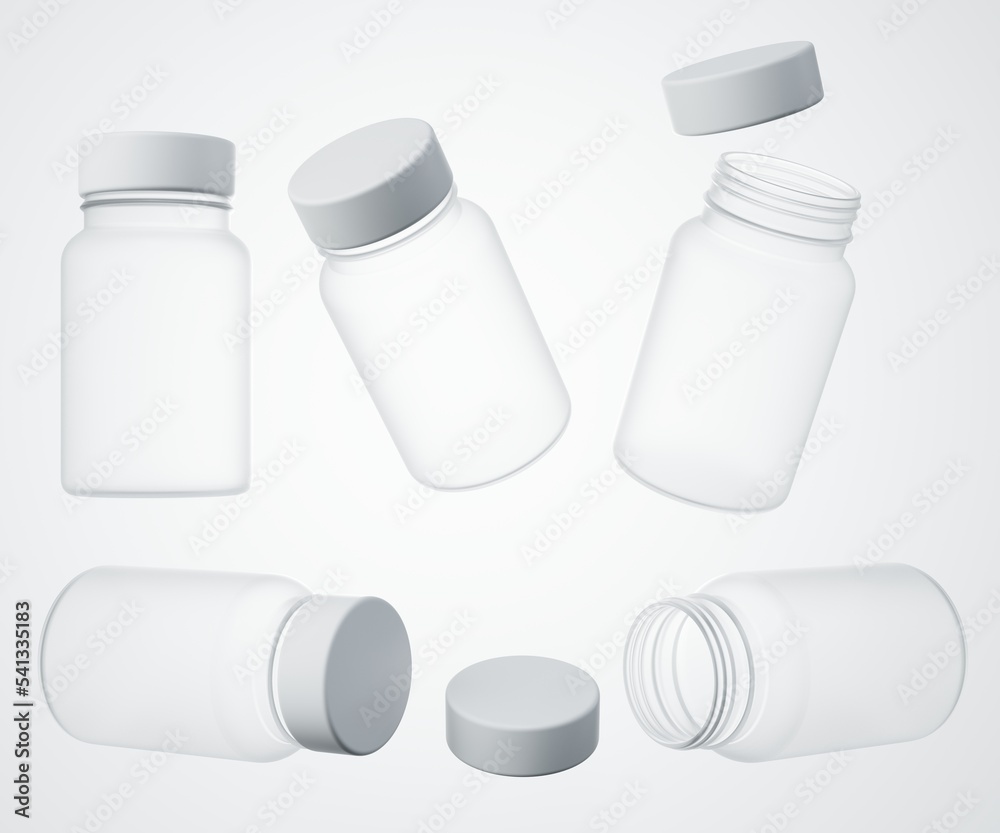 Medical transparent plastic jar with cap 3D render, commercial product ...