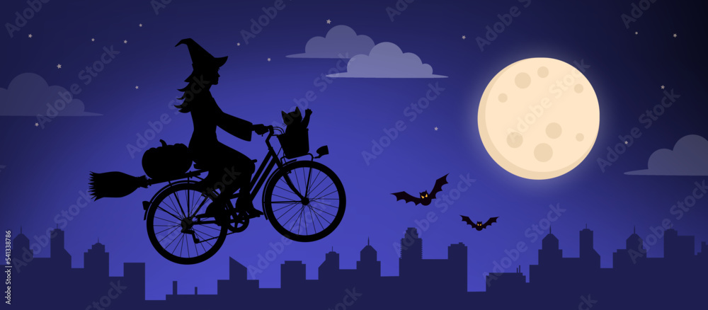 Scary witch riding a bicycle and flying Stock Vector | Adobe Stock