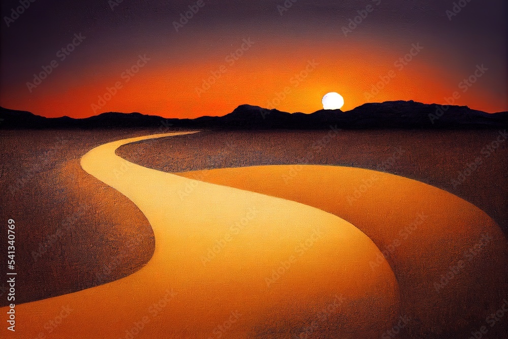 Barren sunset path in the middle of a dusty dry landscape. Dirt path ...