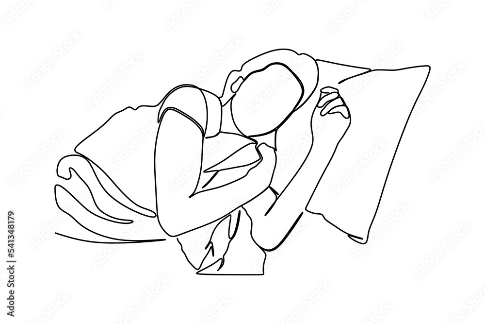 continuous line drawing of sleeping young woman lies in bed with eyes ...
