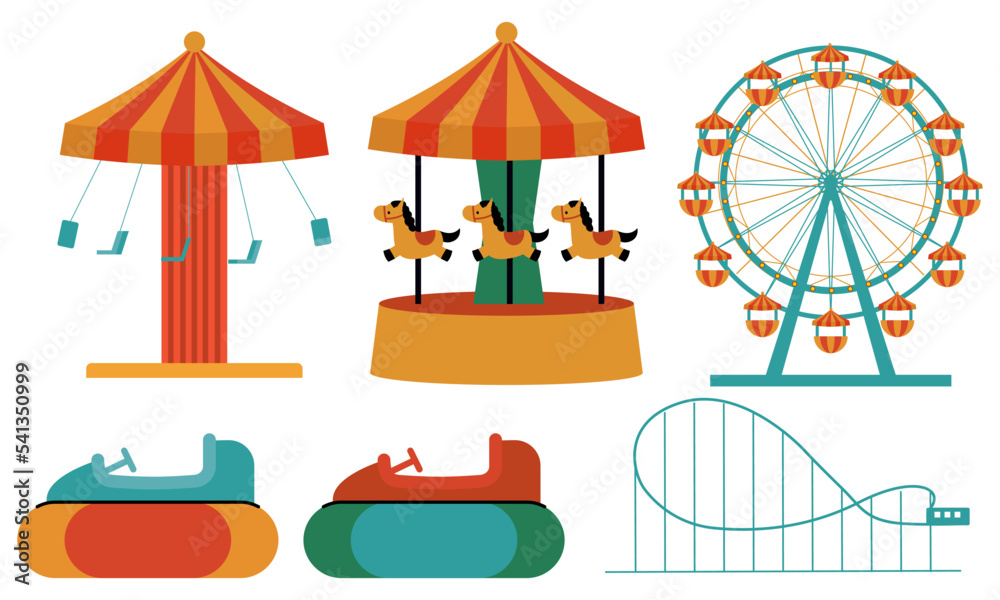 Amusement park attractions. carnival kids carousel, ferris wheel ...