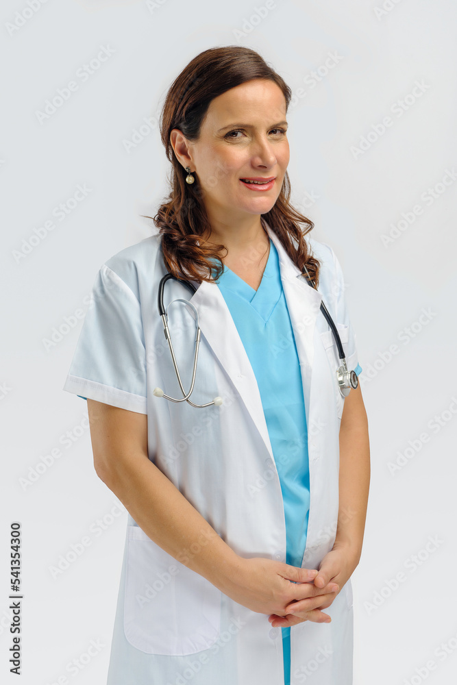 female medical doctor wearing white medical gown with stethoscope Stock ...