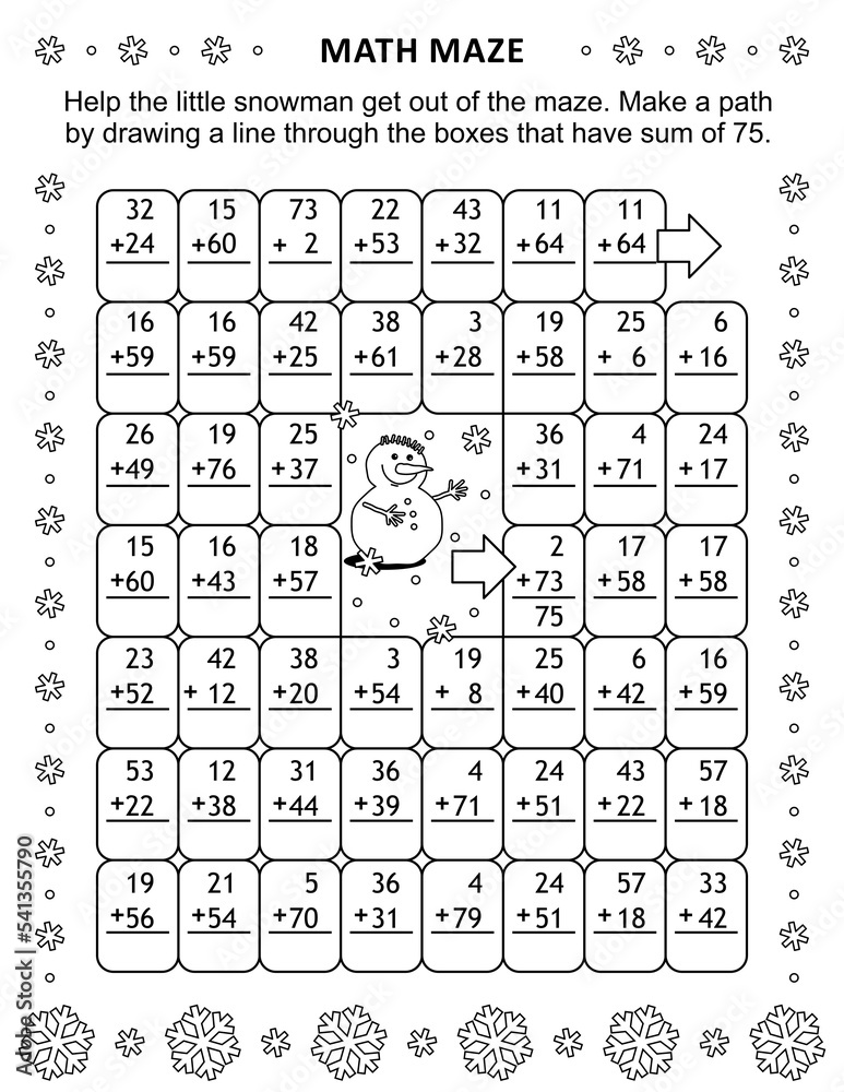 Math maze with addition facts: Help the little snowman get out of the ...