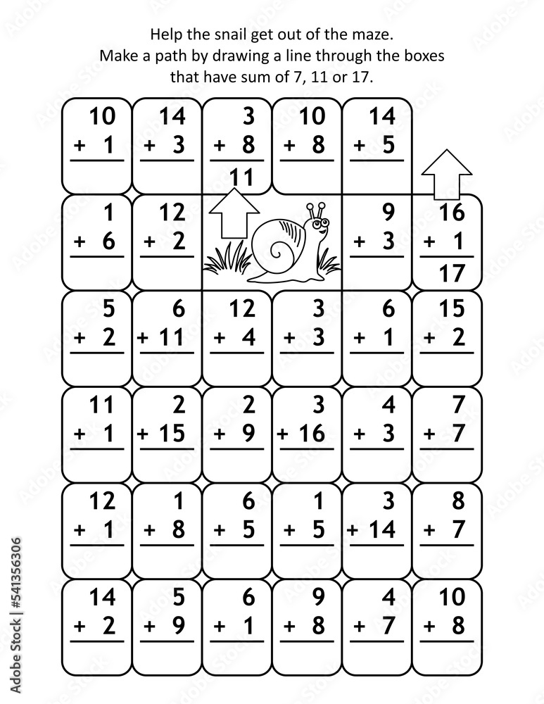 Math maze with addition facts: Help the snail get out of the maze. Make ...