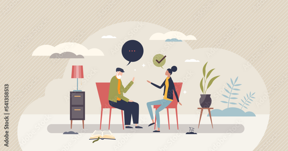 Social worker talking with old man in retirement tiny person concept ...