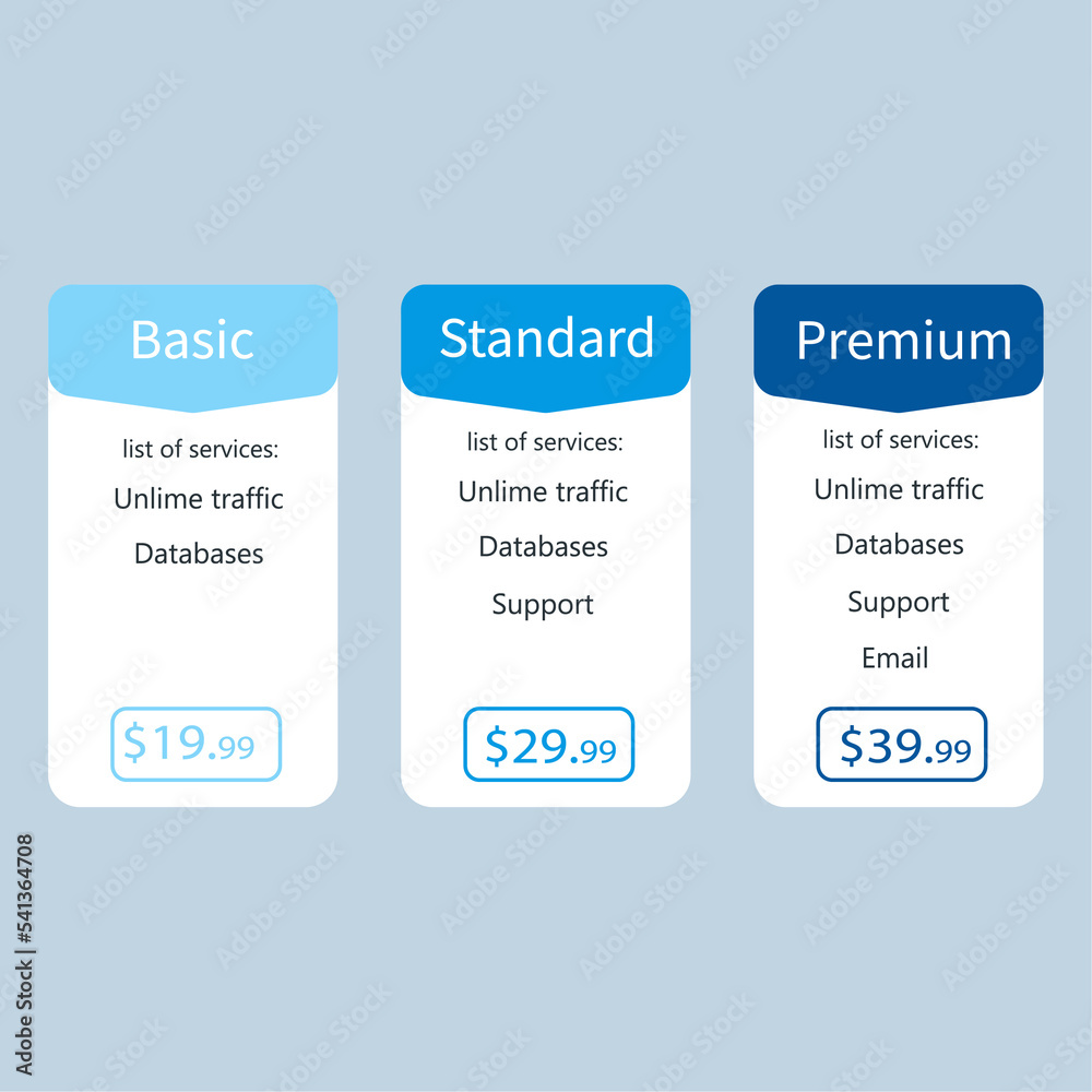Vector Pricing Table. Price list widget with 3 payment plans for online services website ...