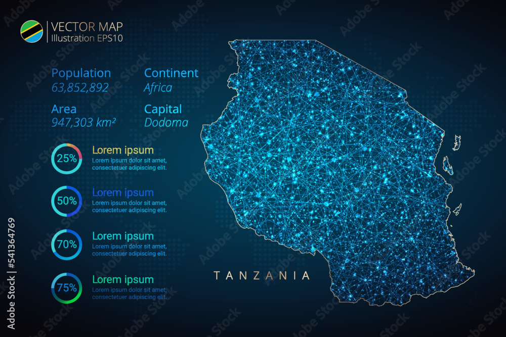 Tanzania map infographics vector template with abstract geometric mesh ...