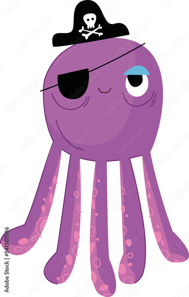 Cute purple octopus in black pirate hat with skull and bones. Kraken ...