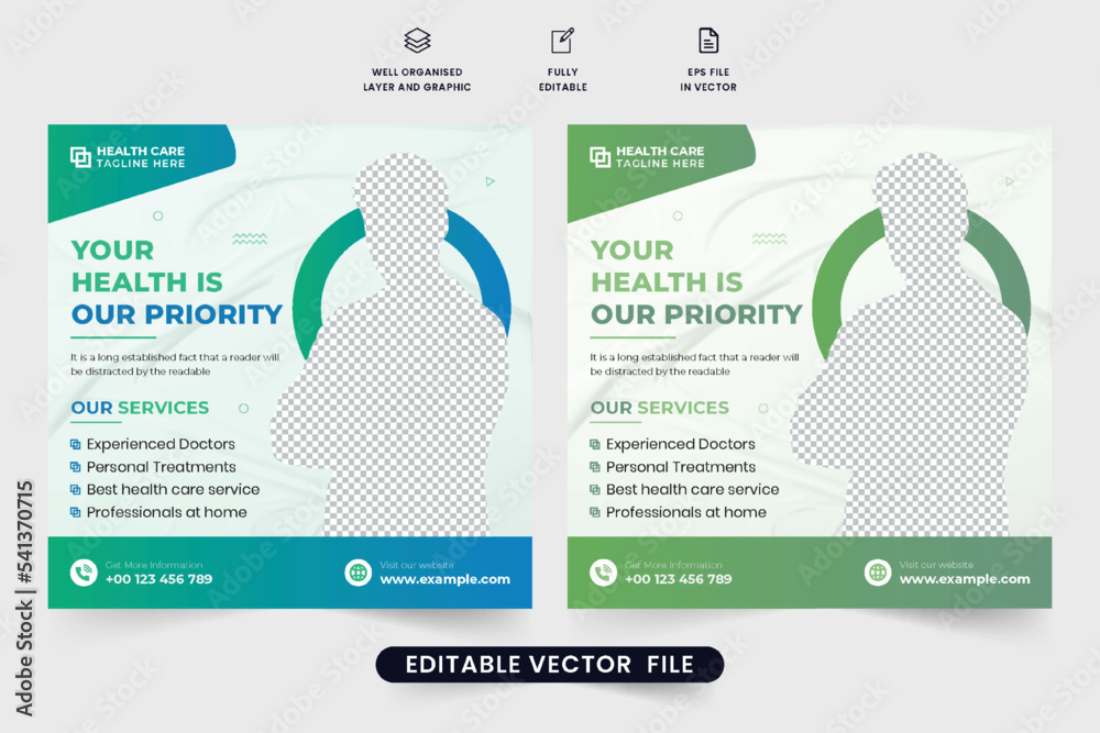 Medical social media post vector with photo placeholders. Hospital ...