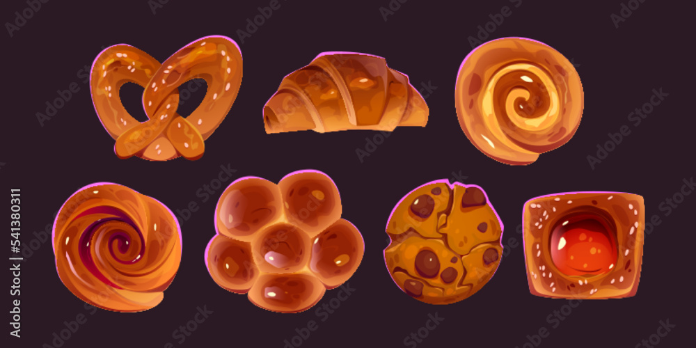 Bread, bakery, fresh pastry isolated set. Croissant, bun, cinnabon and ...