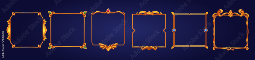 Set of square ui game frames, textured medieval borders of gold metal ...