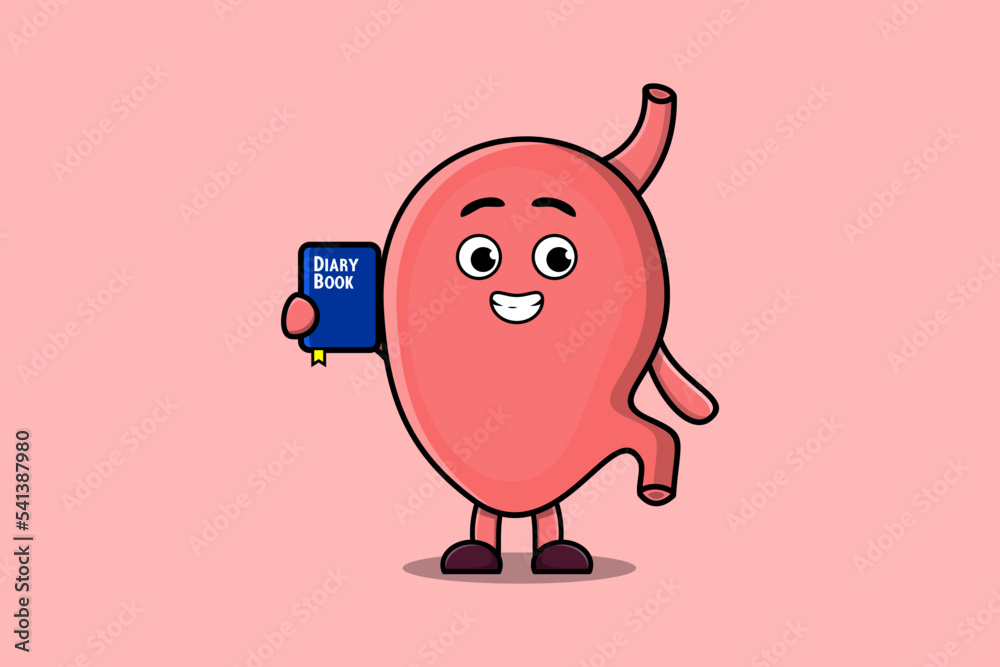 Cute cartoon Stomach character holding diary book illustration with ...