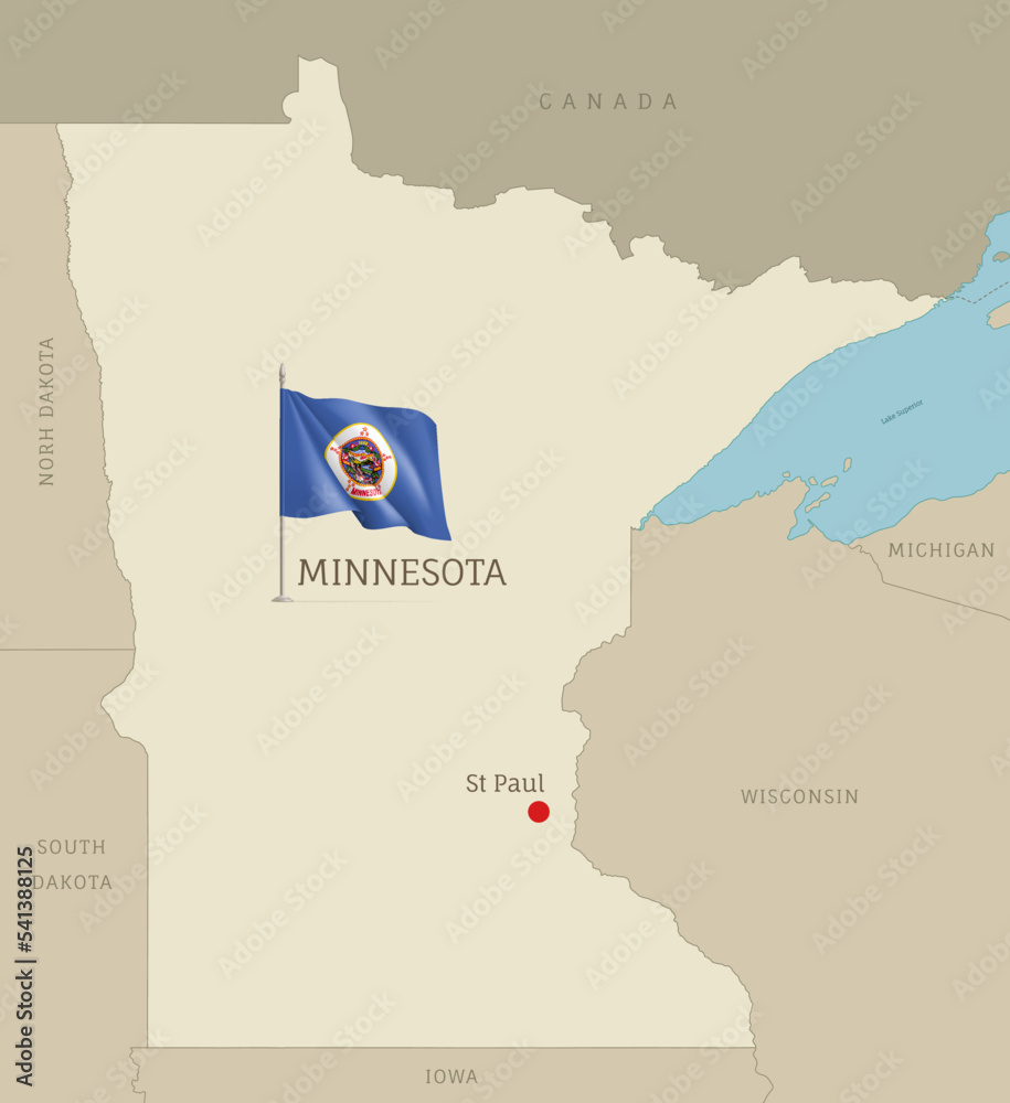 Map of Minnesota USA federal state with waving flag. Highly detailed ...