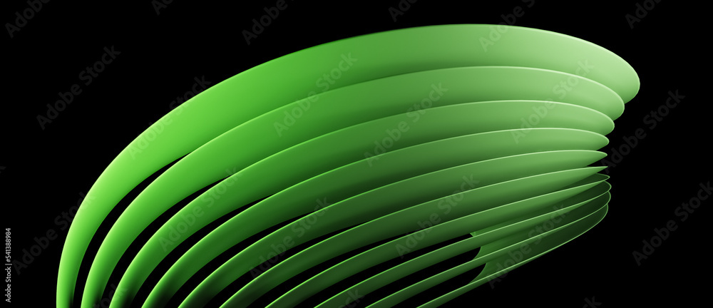 Green abstract modern 3D object with many overlapping layers and ...