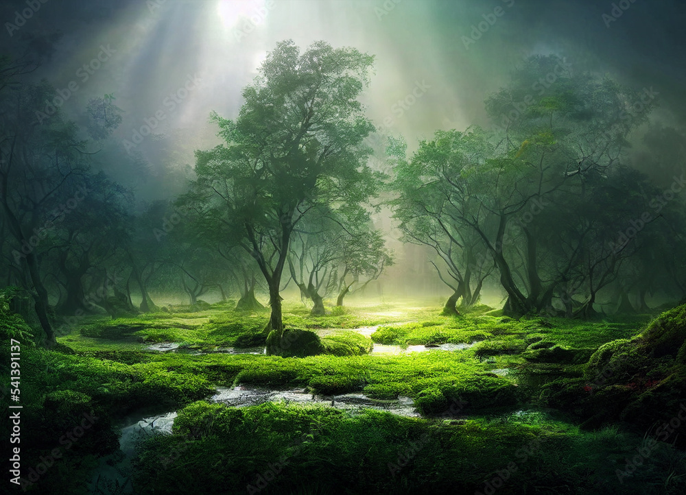 Forest scenery with beautiful trees and plants, natural green ...