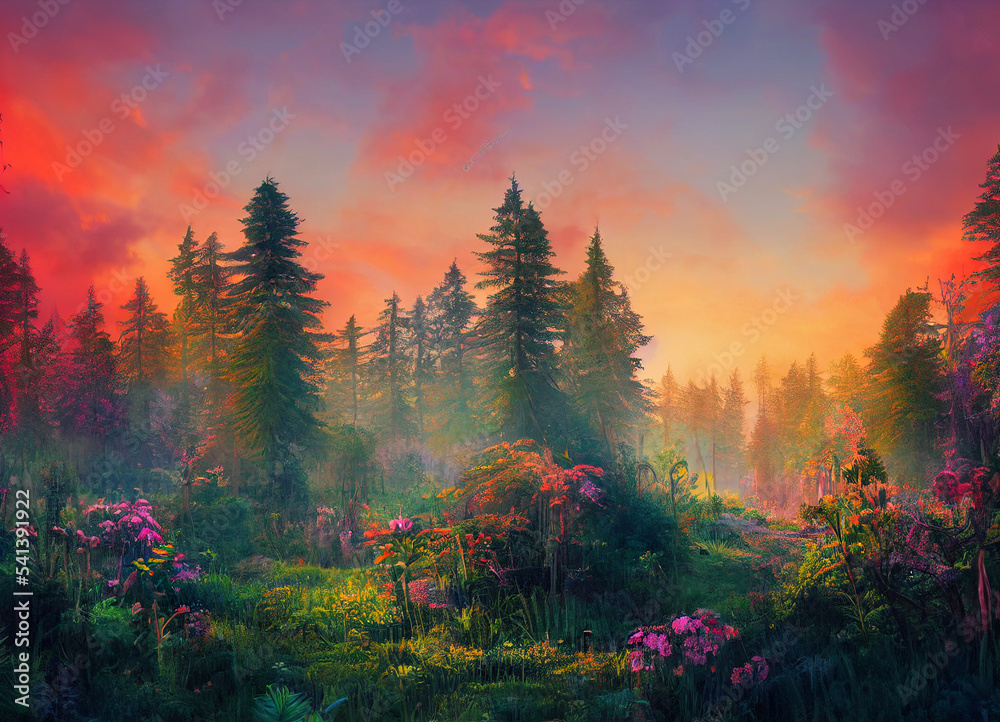 colorful sunset forest scenery with beautiful trees and plants, natural ...