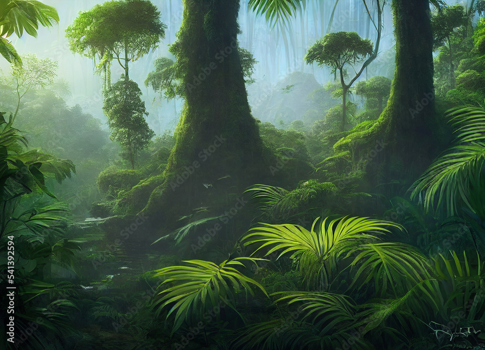 Jungle scenery with beautiful trees and plants, natural green ...