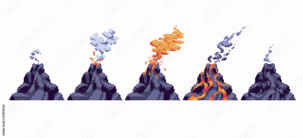 Volcanic eruption stages pixel art set. Flowing lava, swirling smoke ...
