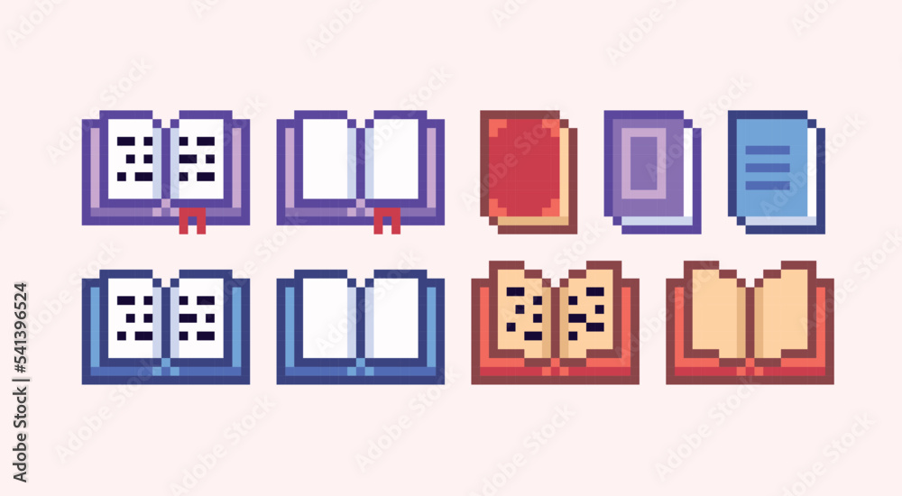 Open and closed book pixel art set. Textbook collection. Ancient folio ...