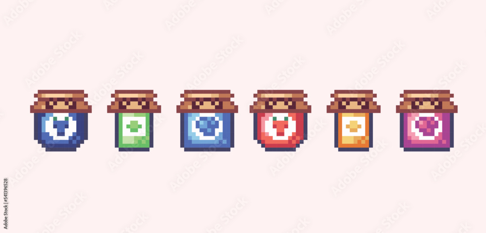 Jam assortment jars pixel art set. Fruit jelly packaging collection ...