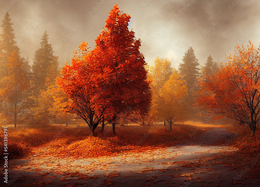 autumn forest scenery with beautiful trees and plants, natural season ...
