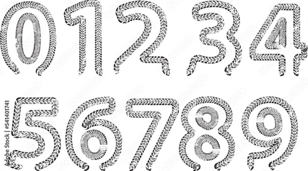 Tyre track numbers . Grunge texture . Screen print . Vector tire track ...