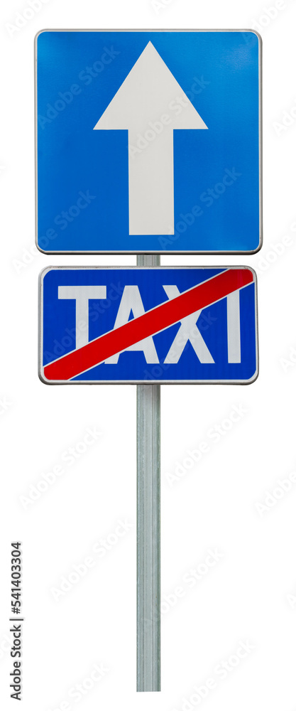 Traffic signs One Way Road and End Of Taxi Stand isolated on white ...