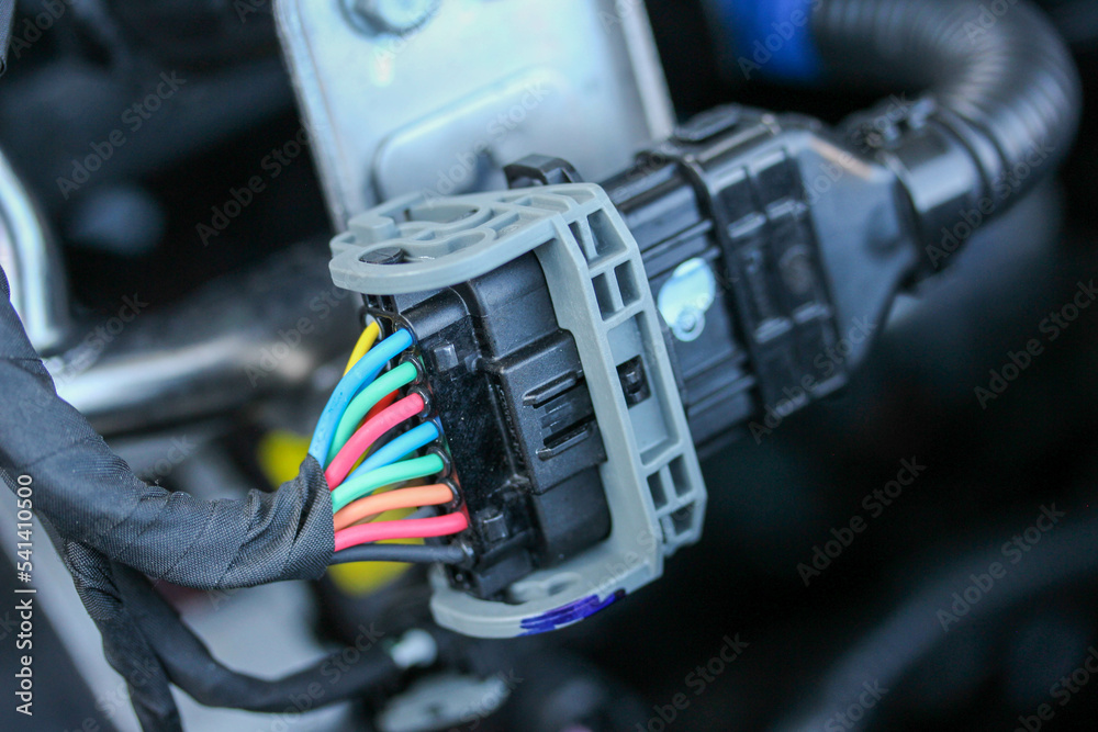 Electrical cables and connector in the engine bay of a new vehicle ...