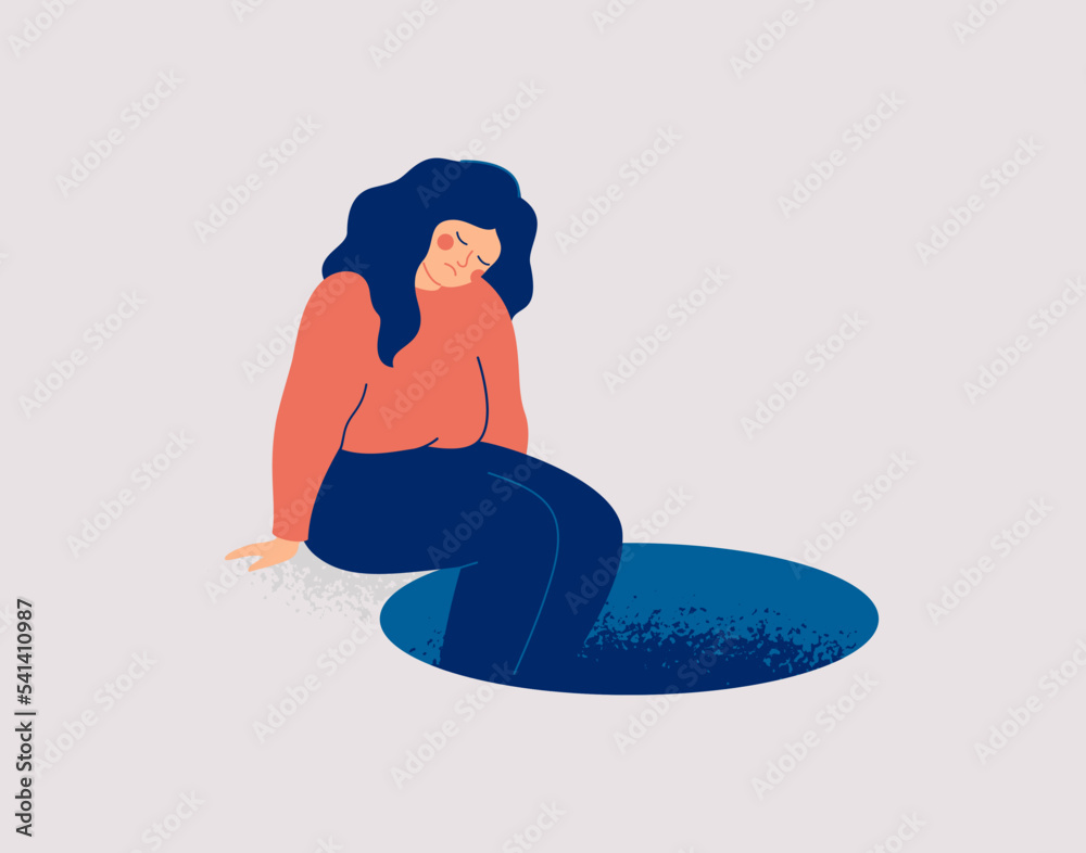 Vetor de Depressed woman sits on the edge of dark hole and sees no ...