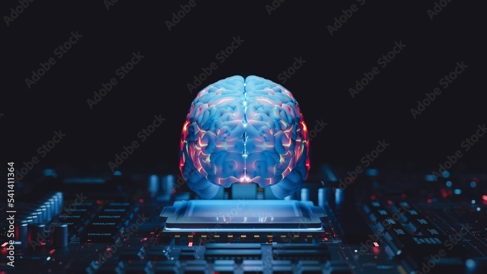 3D Rendering of Artificial Intelligence hardware concept. Glowing blue ...