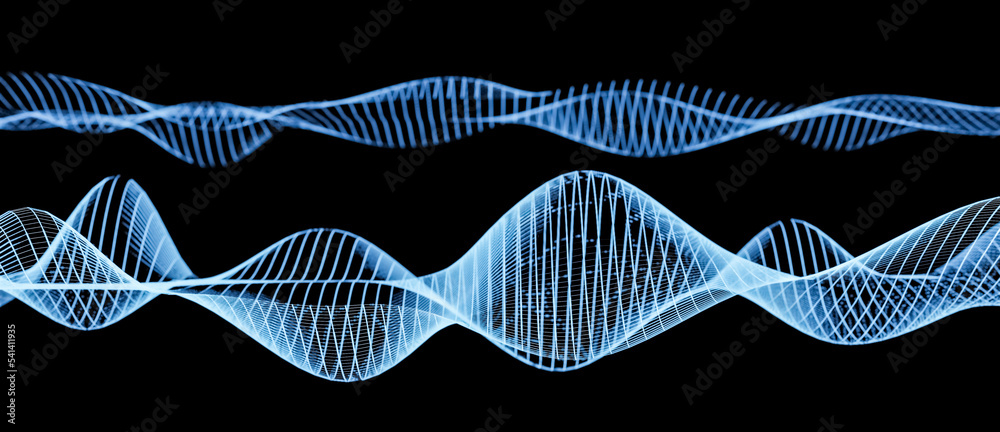 Illustration of abstract blue wireframe sound waves, visualization of ...