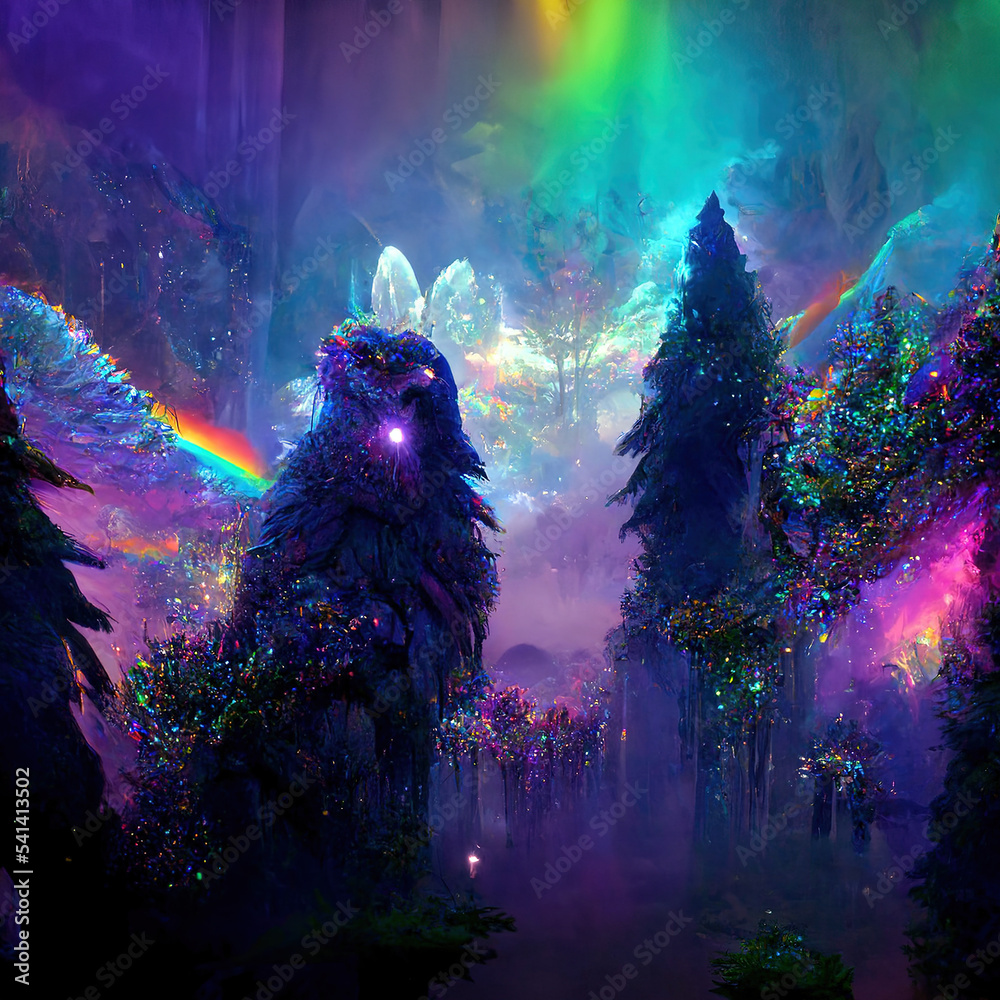 Fantasy forest at night with rainbow colours, shimmering crystals and ...